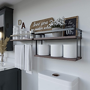 RICHER HOUSE 2+1 Tier Wall Mounted Floating Shelves Set of 2, Rustic Wood Wall Shelf with Metal Frame, Extra Storage Rack for Bathroom, Kitchen, Bedroom with Tissue Rack & Towel Bar - Rustic Brown