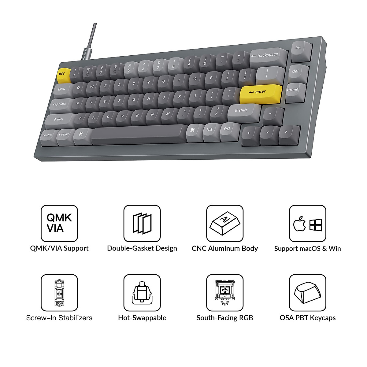 Keychron Q2 Wired Custom Mechanical Keyboard, QMK/VIA Programmable Macro, Full Aluminum, Hot-Swappable Gateron G Pro Brown Switch, 65% Layout Double Gasket Compatible with Mac and Windows - Grey