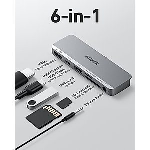 Anker USB C Hub for iPad, 541 USB-C Hub (6-in-1) with 4K HDMI Port, Multi-Function USB-C Port, USB-A Data Port (Gray) 8K@60Hz HDMI Cable