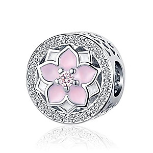 SBI Jewelry Pink Flower Charm Compatible with Pandora Charm Bracelet Christmas Family Christmas Floral Gift Spacer Birthday Anniversary