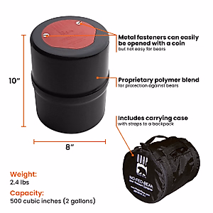 UDAP NO-FED-BEAR Bear Resistant Canister, Hiking Camping Backpacking Hunting Food Storage Container with Carrying Case, 2 Gallons, BRCWC