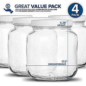 Stock Your Home 64 Oz Glass Jar with Plastic Airtight Lid (4 Pack) - Half Gallon Mason Jar for pickling, fermentation, brewing, food storage