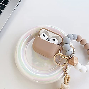 AirPod 3 Case,Gtinna Fashion Cute Stripe Airpods 3rd Case(2021),Soft Silicone Case for AirPod 3 Wireless Charging Case with Silicone Beaded Bracelet Tassel Charm Keychain Accessories (Khaki)