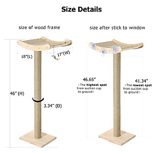 Window Cat Perch with Scratching Posts, 46" Wood Tree Bed for Large Inside Cats Climbing, Perching and Lounging, Mounted with 3 Strong Suction Cups (Wood Platform)