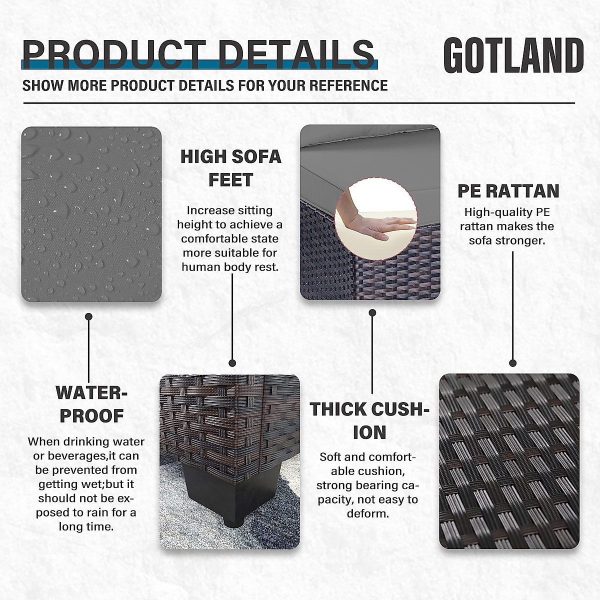 Gotland 7-Piece Outdoor Patio Furniture Set - All-Weather PE Rattan Sectional Wicker with Replaceable Grey Waterproof Cushions & Coffee Table