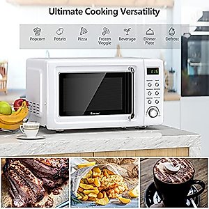 COSTWAY Retro Countertop Microwave Oven, 0.7Cu.ft, 700-Watt, High Energy Efficiency, 5 Micro Power, Delayed Start Function, with Glass Turntable & Viewing Window, LED Display, Child Lock (White)