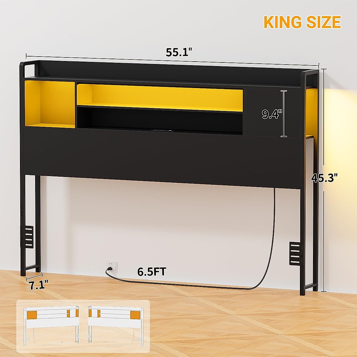 Unikito Headboard for Full Size Bed, Bookcase Style Head Board with Power Outlet and RGB LED Light, Reversible Headboard with Storage, Height Adjustable, Sturdy and Stable, Full Size, Black
