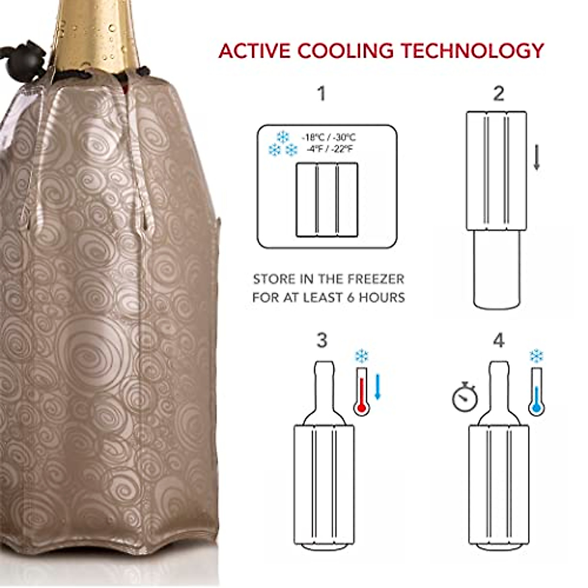Vacu Vin Active Cooler Champagne Chiller - Reusable, Flexible Wine Bottle Cooler - Platinum, Gold - Champagne Cooler Sleeve For Standard Size Bottles - Insulated Champagne Bottle Chiller to Keep Cold