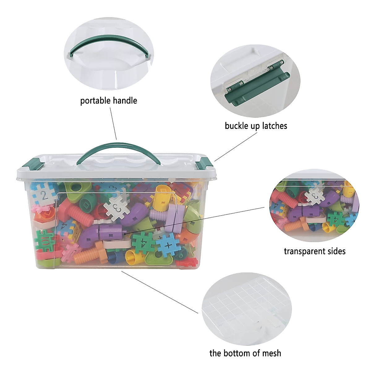 Pekky 1 Pack Plastic Small Latch Storage Box, 14 Quart Clear Lidded Storage Bin with Green Handle