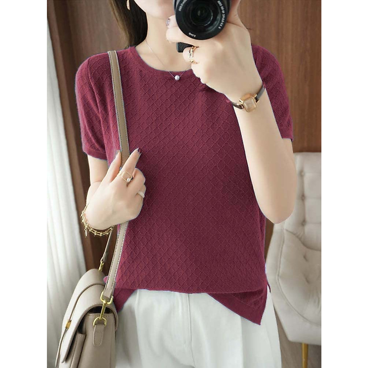 Ailaile Womens Short Sleeve Sweaters Tops Summer Thin Pullover Cotton Knit Shirt Crew Neck Lightweight Pointelle Blouse Jujube Red