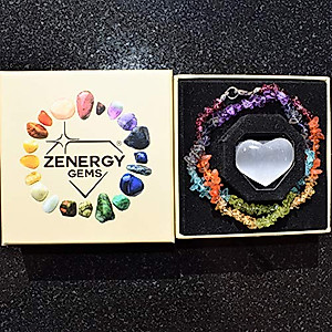 Zenergy Gems CHARGED 7 Chakra Necklace 18" Premium Tumble Polished Crystal Gemstone Chips Necklace (Amethyst, Iolite, Blue Apatite, Peridot, Citrine, Carnelian Agate, & Garnet) + Selenite Heart