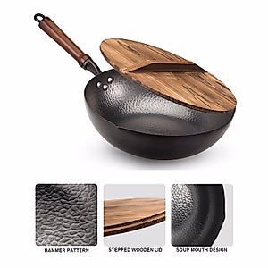 BIELMEIER Wok Pan 12.5", Woks and Stir Fry Pans with lid, Carbon Steel Wok with Cookware Accessories, Wok with Lid Suits for all Stoves(Flat Bottom Wok)