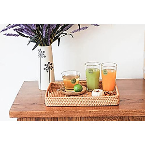 Rectangular Wicker Serving Tray-Set of 2- w/Inbuilt Handles-Handmade Woven Rattan Storage Basket-Decorative Coffee Tabletop Tray-Boho Flat Bathroom Organizer-(L- 15.4"x2.4" M- 13.7"x 2")