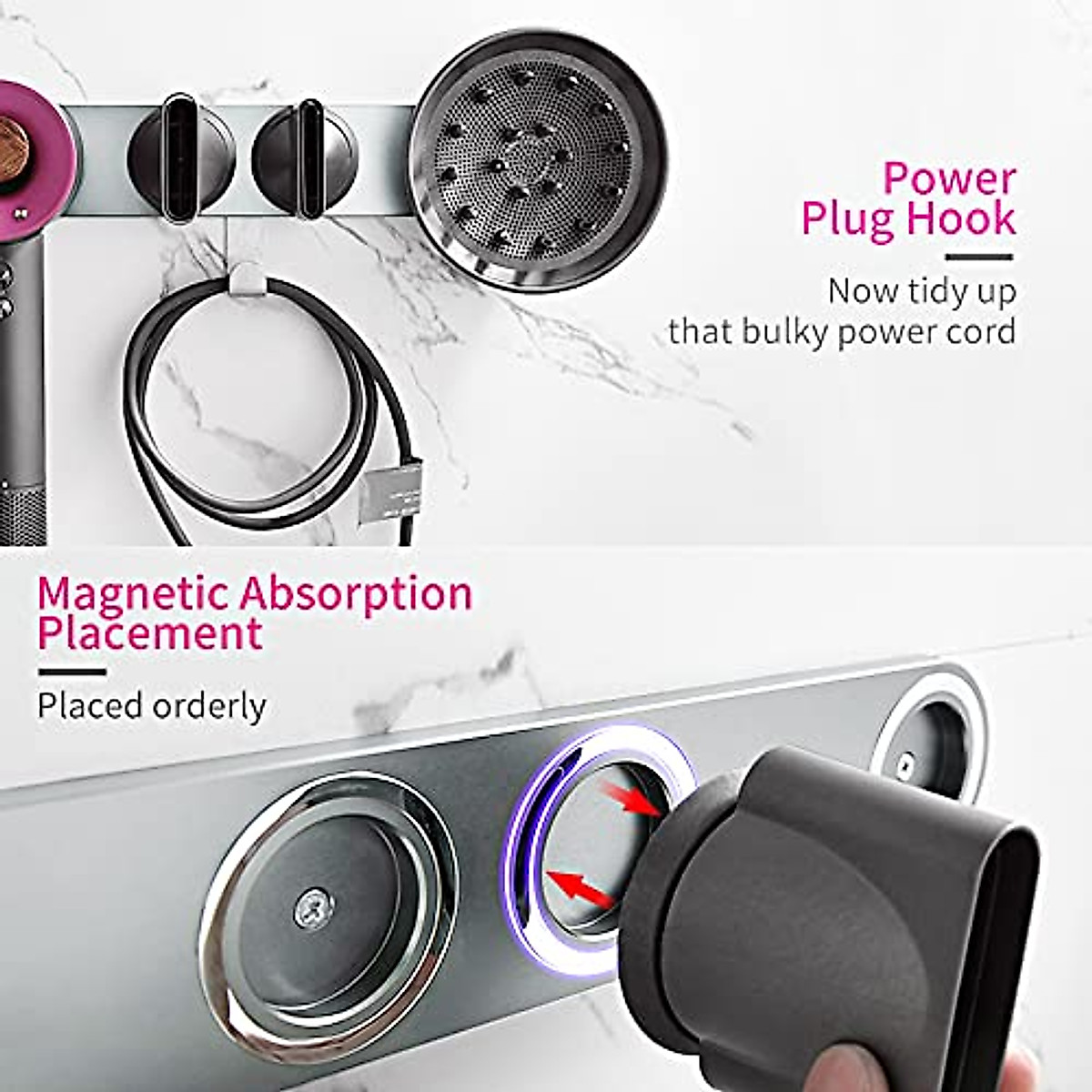 KAIYING Wall Mount Hair Dryer Holder,Magnet Bracket Stand Holder Storage Rack Organizer for Dyson Supersonic Hair Blow Dryer, Power Plug, Diffuser and Nozzle, Aluminum (Large_Grey)