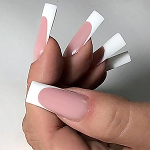KQueenest Extra Long Press on Nails Solid Color Square Acrylic Fake Nails Full Cover Nude False Nails for Women and Girls Daily Wear 24PCS matte long