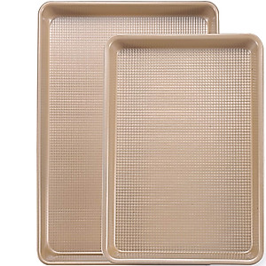 JOHO BAKING Cookie Sheet Baking Pan Set, Professional Baking Sheet for oven Nonstick, 2 Piece Bakeware Set, 9x13in,10x15in, Textured, Gold