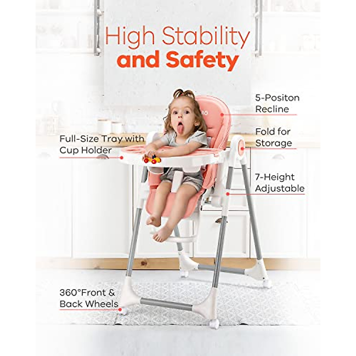 HEAO Adjustable 7 Height 5 Reclining Angle Foldable Baby High Chair with 360 Degree Rotating Wheels, 3 Footrest Positions, and Removable Tray, Pink