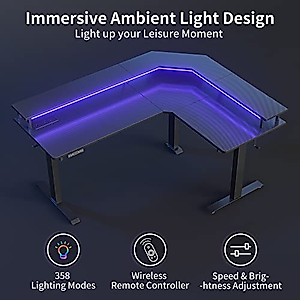 FEZIBO 63" Triple Motor L Shaped Standing Desk with LED Strip & Power Outlets, Height Adjustable Stand up Corner Gaming Desk with Ergonomic Monitor Stand, Black Carbon Fiber Top/Black Frame