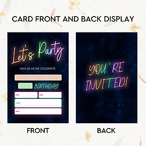 YUEXLL Neon Let's Party Birthday Party Invitations Cards with Envelopes, Neon Glow Party Invitations, Birthday Celebration Supplies, Double-sided Fill-in bday Invites for Boys Girls- A17