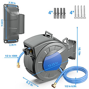 REDUCTUS Retractable Garden Hose Reel Wall Mount, 1/2" x 100 ft + 6.5 ft Retractable Hose Reel with 10 Pattern Nozzle, Automatic Slow Rewind System/Lock Any Length/180°Swivel Hose Reel for Outside