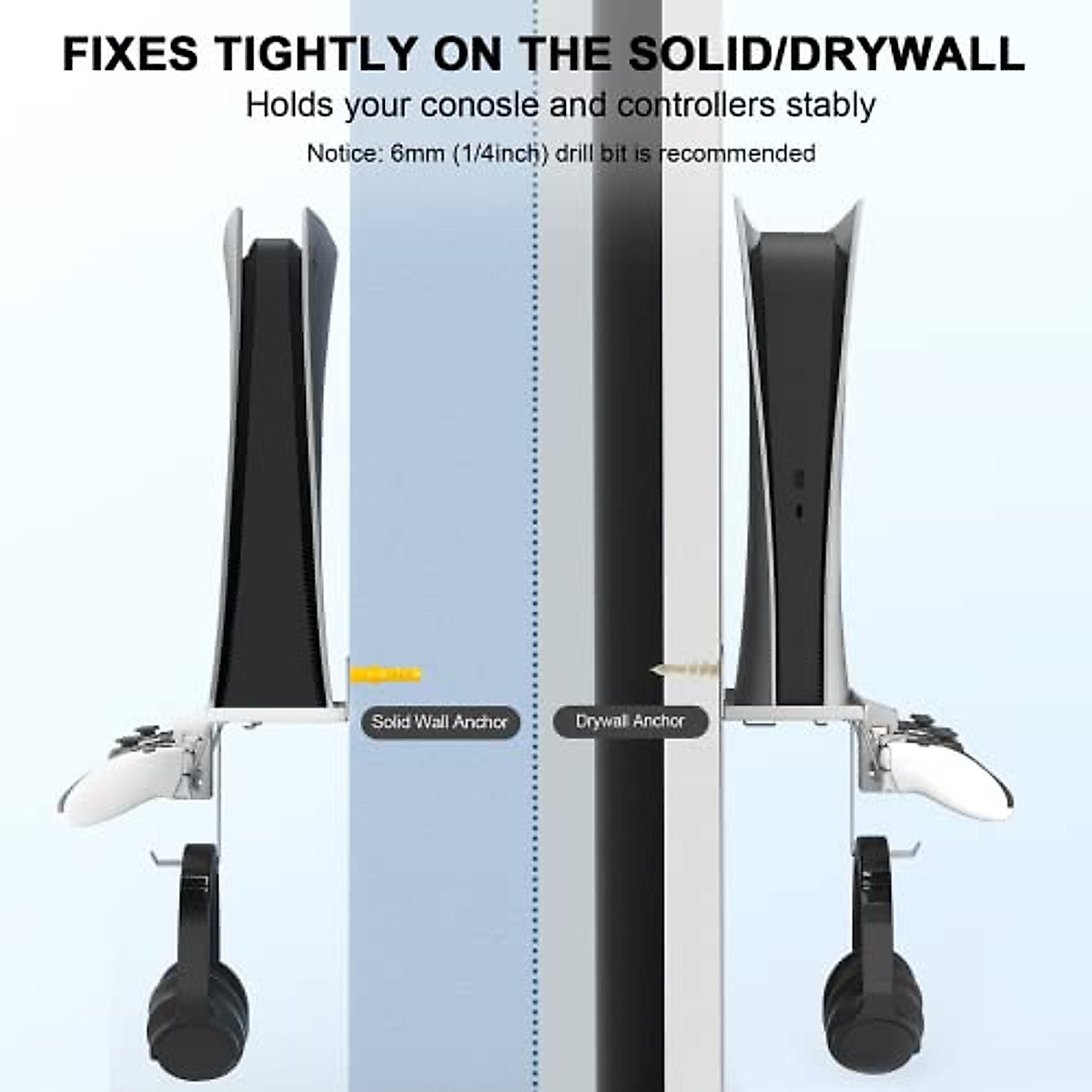 BELOPERA Ps5/Ps4 Wall Mount kit, 6-in-1 PS5 (Disc and Digital) Metal Wall Mount Stand with 2 Detachable Controller Hanging Bracket/Headset Hanger/Remote Box/Charging Cable – White