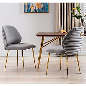 Guyou Grey Velvet Dining Chairs Set of 2, Modern Upholstered Dining Room Chairs Tufted Armless Side Chair with Gold Legs and Ring Pull for Kitchen Living Room Bedrooms Vanity (Grey)