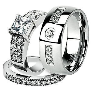 Marimor Jewelry His and Her Stainless Steel 2.07 Carat Cubic Zirconia Bridal Ring Set and Men's Wedding Band Women's Size 05 Men's Size 08