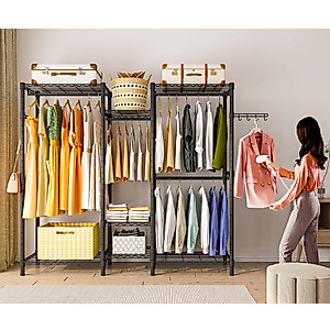 Exglobol Heavy Duty Garment Rack, Portable Wardrobe Clothes Rack Freestanding Adjustable Clothing Rack with 7 Tiers Adjustable Wire Shelving and 4 Hanger Rods, Black