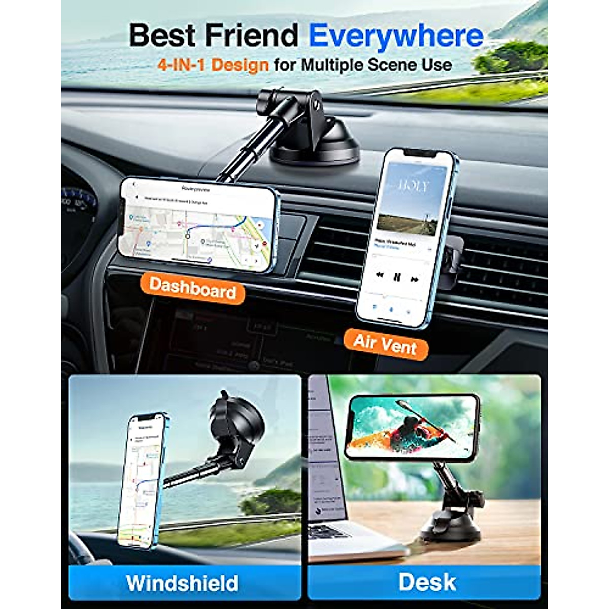 VANMASS Magnetic Car Phone Holder, [Super Strong Magets & Ultra Stable] Suction Cup Phone Holder Aluminium Alloy Structure, Handsfree Dashboard Window Car Mount Compatible with All Phones