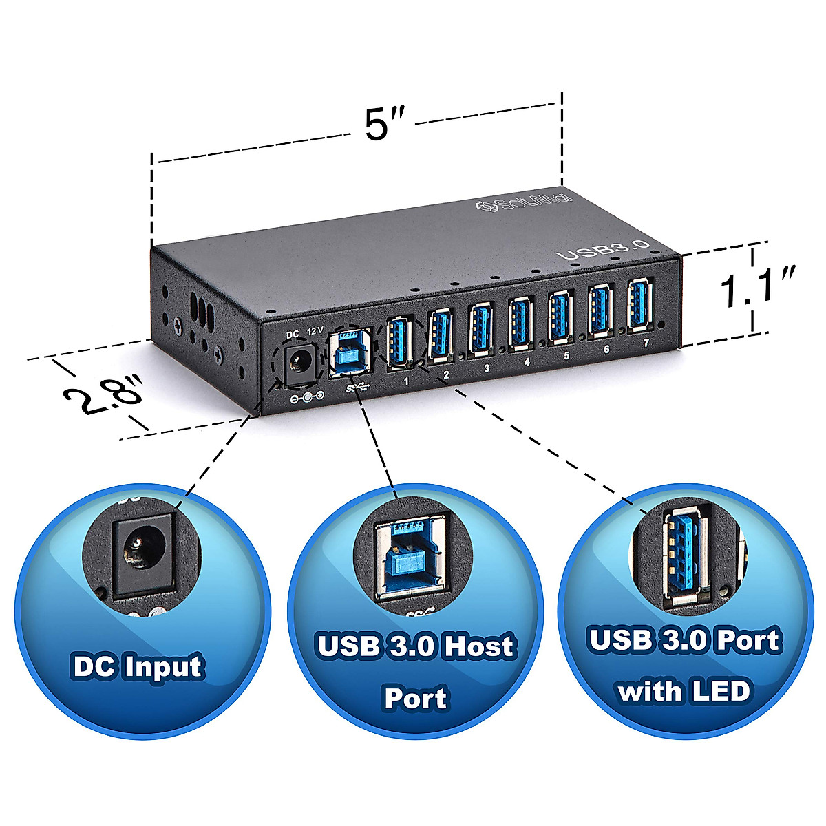 USB 7 Port Hub - Powered USB 3.0 Hub - Aluminum USB Hub -USB Splitter Hub 12V 3A 36W Power Adapter