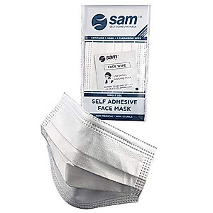 SAM Self Adhesive Masks - 50 Individually Wrapped 3 Ply Guest Face Coverings with Wet Wipe