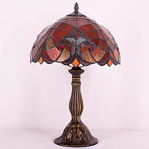 WERFACTORY Tiffany Lamp Red Liaison Stained Glass Table Lamp Desk Bedside Reading Light 12X12X18 Inches Decor Bedroom Living Room Home Office S160R Series