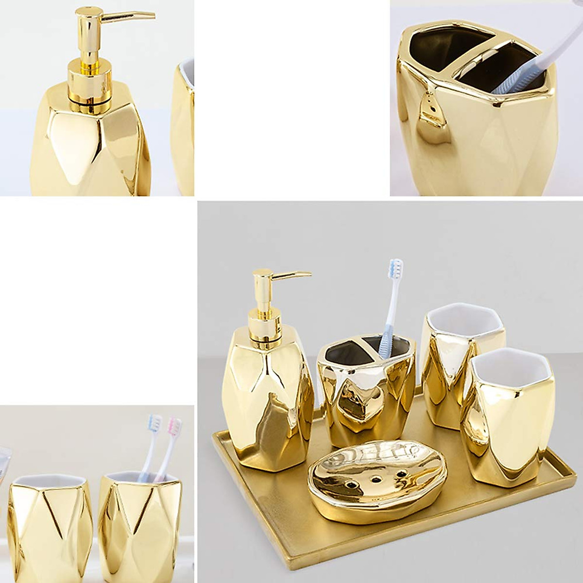 WYZQQ Luxury Gold Ceramic Bathroom Accessory Set, Bathroom Decor Including Soap Dispenser, Toothbrush Holder, Cup, Soap Dish, Tray - Creative Home Gift