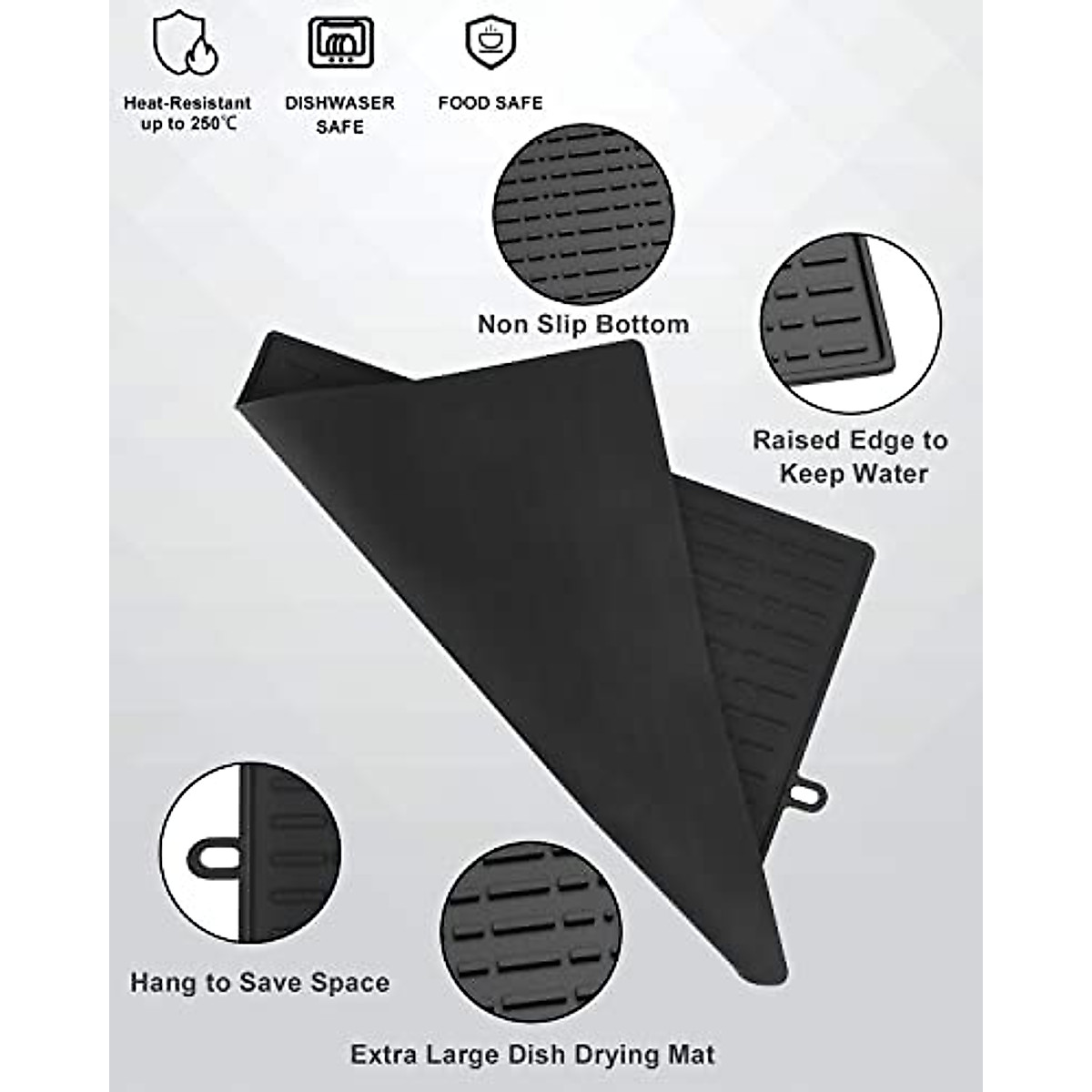 Large Silicone Dish Drying Mat for Kitchen Counter with Faucet Mat - XL Dish Drying Mat 20" x 16" - Dish Drying Rack Mat, Heat Resistant Hot Pot Pad, Non-Slip Sink Mat, BPA Free, Dish Washer Safe