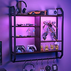 Nidouillet Gaming Floating Shelves, Large LED Wall Mounted Display Shelf, Adjustable Hanging Pipe Shelf Bookshelf with Lights 6 Hooks for Game Living Room Bedroom Coffee Bar Kitchen Decor Black