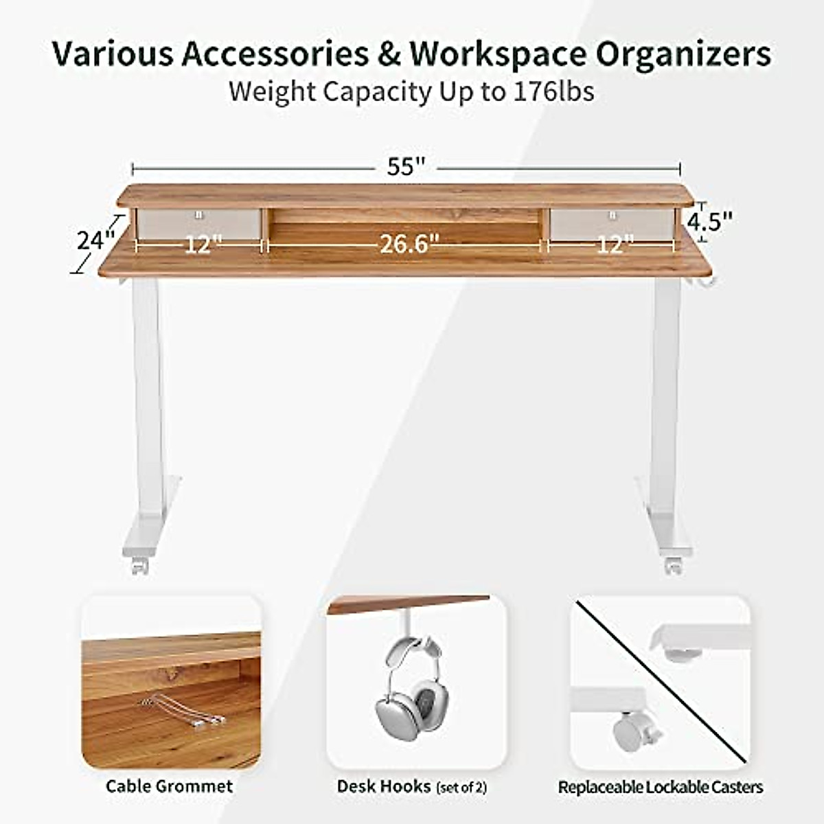 FEZIBO Height Adjustable Electric Standing Desk with Double Drawer, 55 x 24 Inch Stand Up Table with Storage Shelf, Sit Stand Desk with Splice Board, White Frame/Light Rustic Brown Top