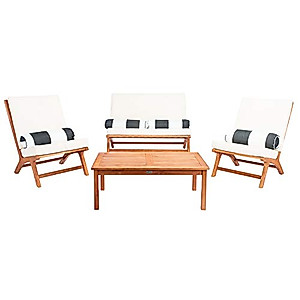 SAFAVIEH Outdoor Collection Chaston Natural and Beige 4-Piece Set with Black & White Pillows