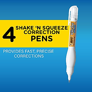 BIC Wite-Out Brand Shake 'n Squeeze Correction Pen, 8 ML Correction Fluid, 4-Count Pack of white Correction Pens, Fast, Clean and Easy to Use Office or School Supplies