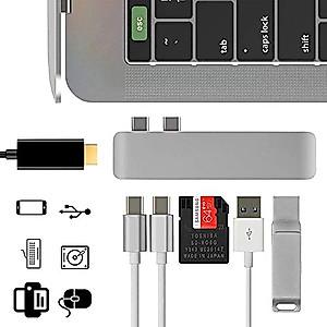 XUNMAIFHB Portable Docking Station,Double Head Type-c HUB to hdmi 4k hub + Card Reader + Type-c Docking Station Lightning 3 Interface Fast Transmission, Silver