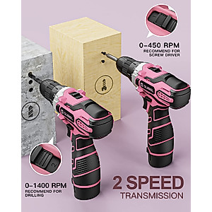 Drill Set, OUBEL 12V Cordless Drill Pink with 42 Acessories, Pink Power Drill Cordless with 3/8" Keyless Chuck, Built-in LED, 2 Variable Speed, Pink Drill for DIY Home Projects, Around the House