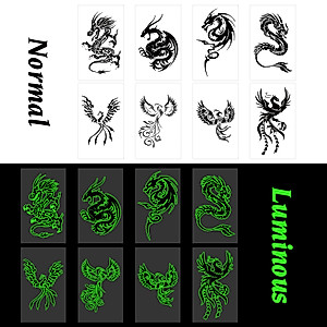 16 Sheets Luminous Dragon Phoenix Temporary Tattoos Glow in The Dark Dragon Birthday Party Decorations Supplies Favors for Kids Adults, Goodie Bag Fillers