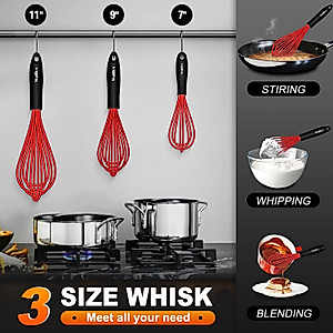 Walfos Silicone Whisk, Non Scratch Coated Whisks- Heat Resistant Kitchen Whisks for Cooking Non Stick Cookware, Balloon Egg Beater Perfect for Blending, Whisking, Beating, Set of 3