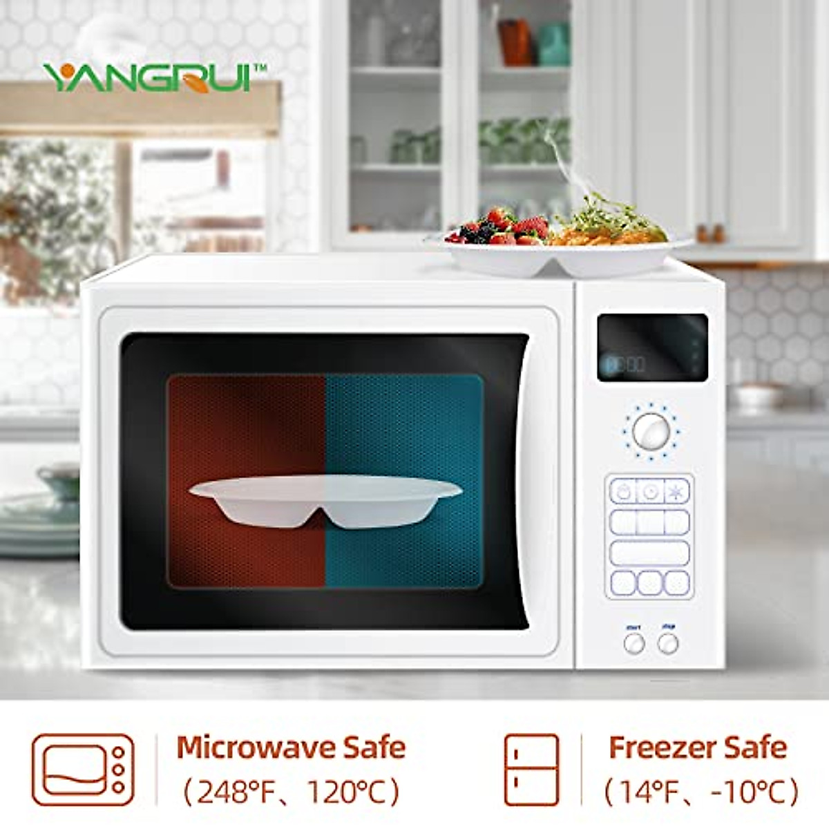 YANGRUI White Plastic Plates, 9 Inch 3 Compartments 150 Pack Food Grade Meterial BPA Free Reusable Dinner Plates