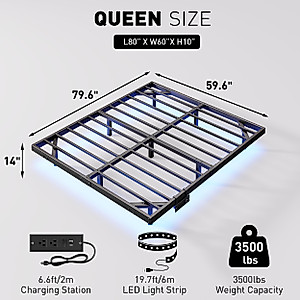 qimamo 14 Inch Floating Queen Bed Frame with Smart LED Lights and Charging Station, Modern Metal Queen Bed Frame, Easy to Assemble, No Box Spring Needed (Queen)