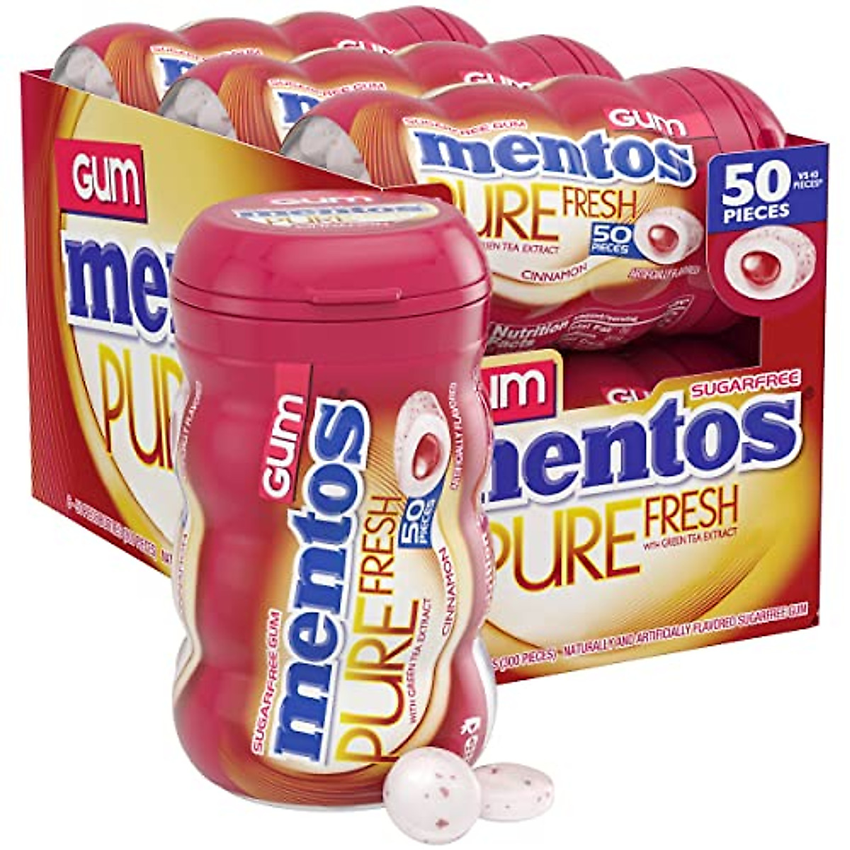 Mentos Pure Fresh Sugar-Free Chewing Gum with Xylitol, Cinnamon, Bulk, 50 Piece Bottle (Pack of 6)