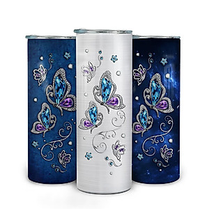 Wassmin Personalized Butterfly Skinny Tumbler Customized Stainless Steel Vacuum Insulated Tumbler With Lid 20 Oz Double Walled Insulated Coffee Cup for Gym Fitness Travel Office Use For Women