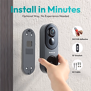 BOTSLAB Video Doorbell Camera,No Monthly Fee,5MP Wireless Doorbell Camera,Head-to-Toe&180° View,Battery Powered,AI&PIR Detection,VR Mode,HDR,2-Way Talk,2.4&5GHz WiFi,Easy to Install