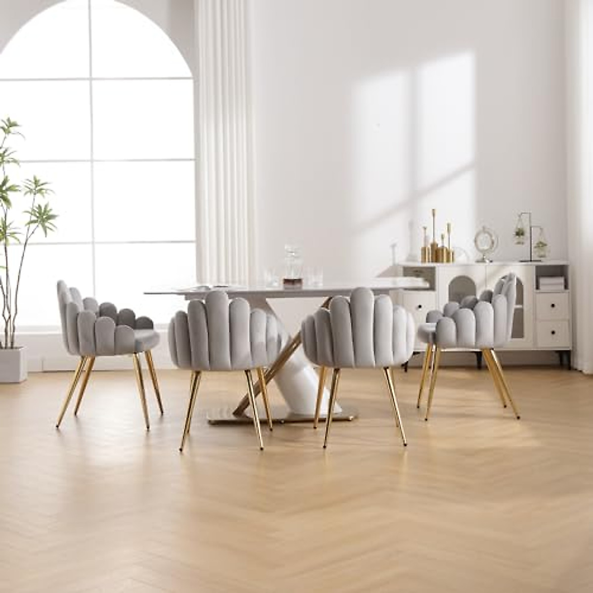 HEAH-YO Dining Chairs Set of 4, Upholstered Velvet Dining Room Chairs with Barrel Backrests and Gold Metal Legs, Comfy Accent Side Chairs for Living Room Kitchen, Grey