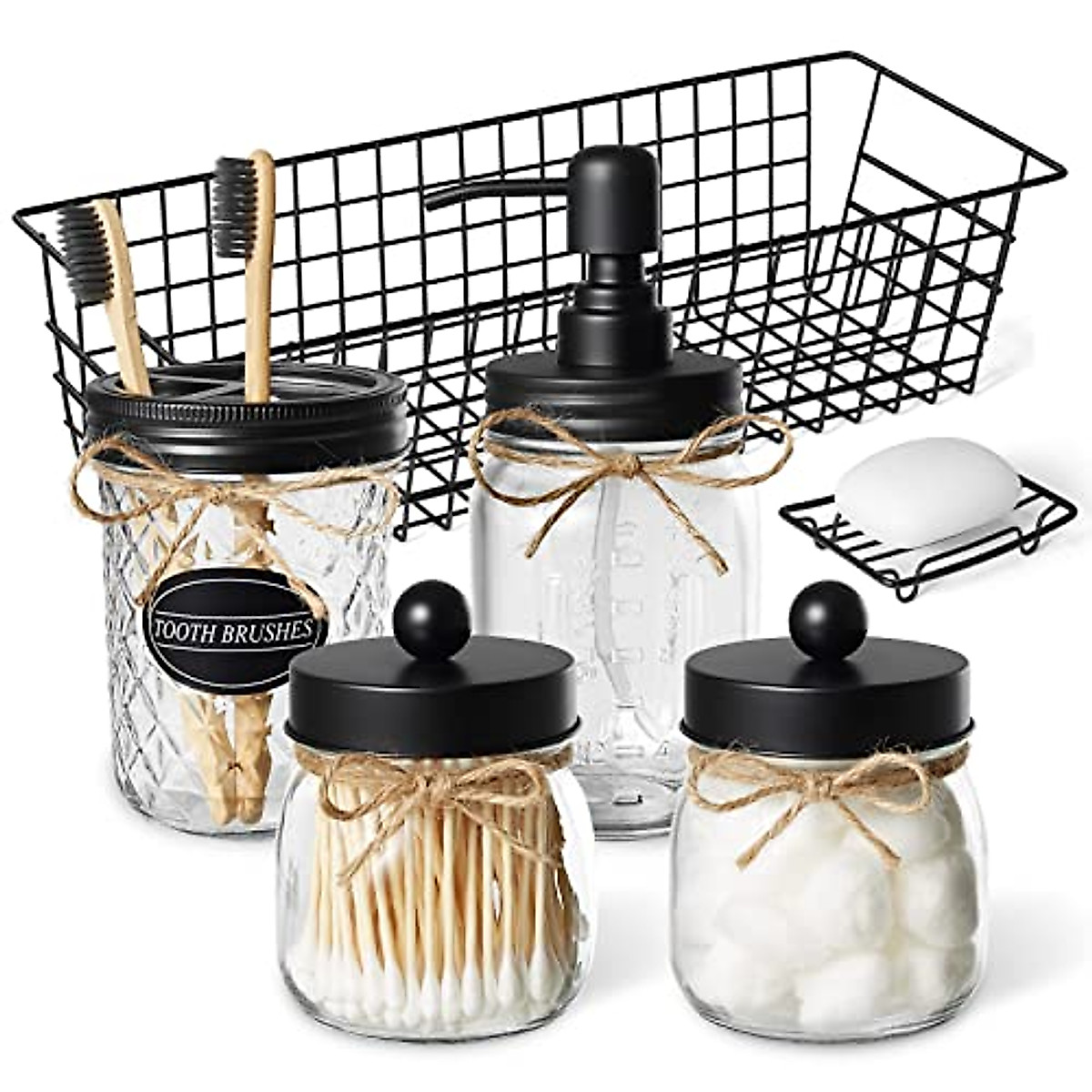 DHAEE Mason Jar Bathroom Accessories Set(6PCS) - Soap Dish,Apothecary Jar Canisters,Toothbrush Holder,Lotion Soap Dispenser,Metal Wire Storage Organizer Basket,Home,Farmhouse,Rustic Decor（Black）