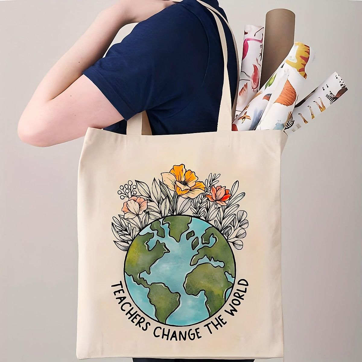 Earth and Flowers Canvas Tote Bag - Teacher Gifts for Women, Cute and Durable Shoulder Bag for Daily Use, Ideal for Beach Trips, Grocery Shopping, and Teacher Appreciation Gifts